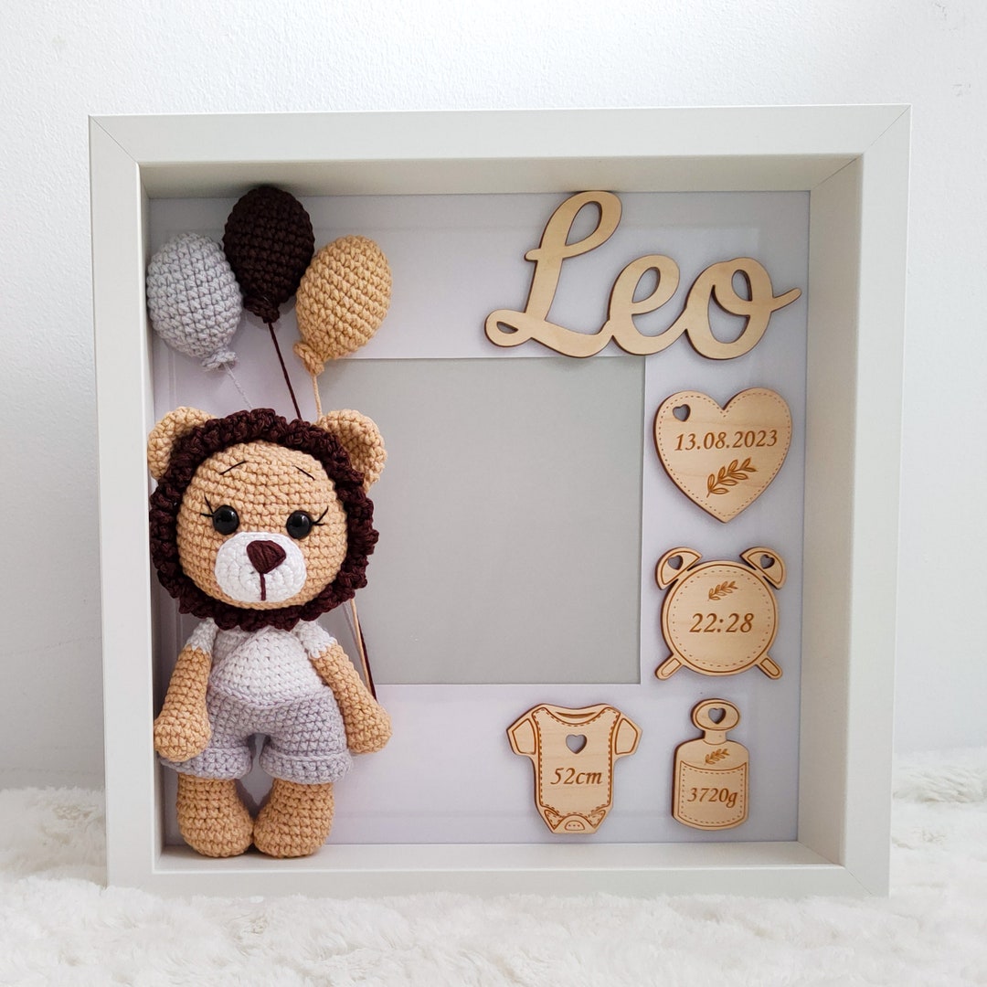 New Baby Boy Personalised Photo Frame With Crochet Lion With Birth Stat ...
