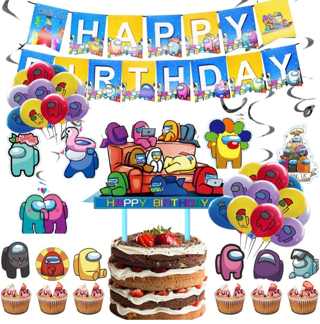 Among Us Happy Birthday Party Banner Balloons Cake Cupcake Toppers ...