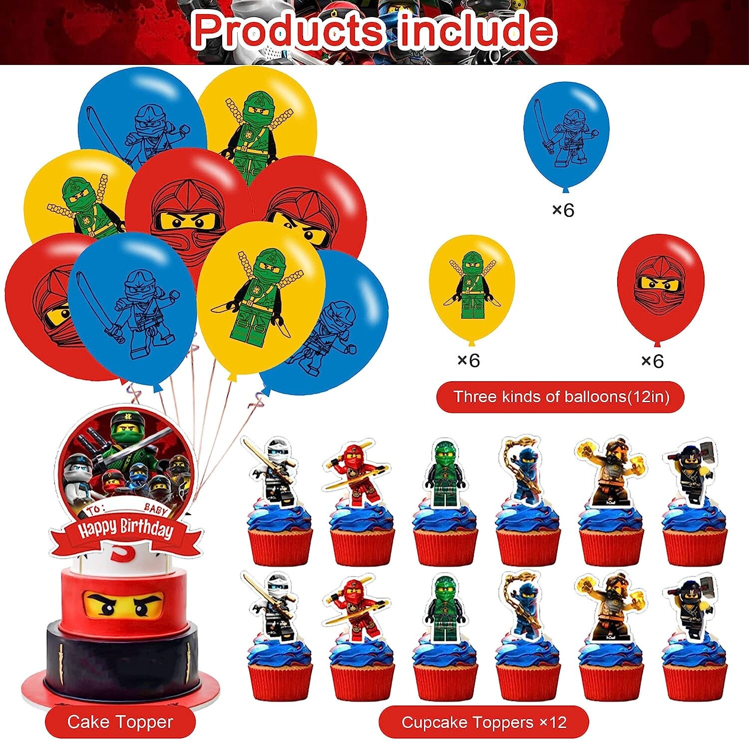 Ninjago Happy Birthday Party Banner Balloons Cake Cupcake Toppers ...