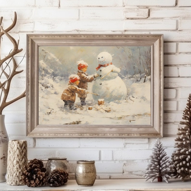 Vintage Children Building Snowman, Kids Building Snowman Winter Digital ...
