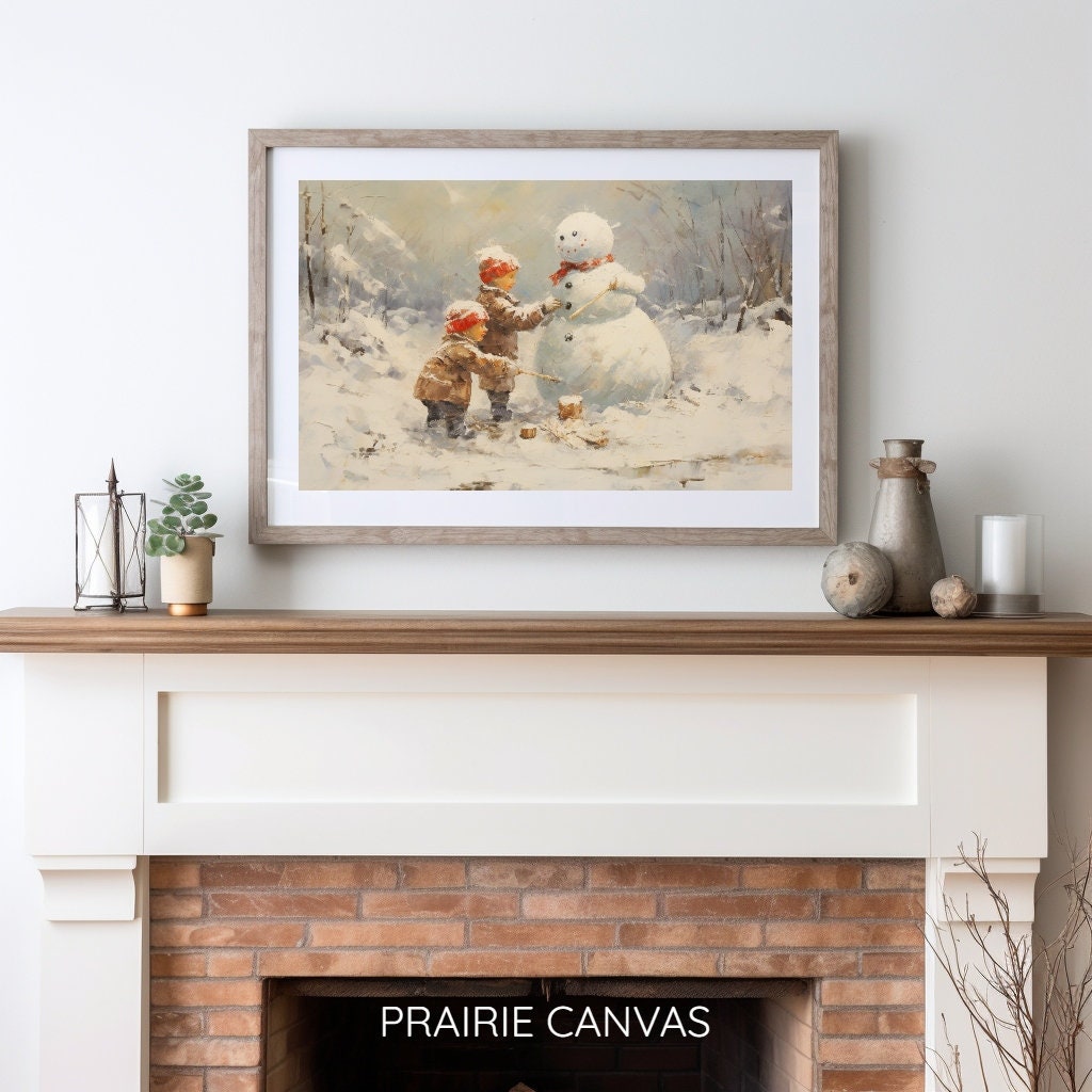 Vintage Children Building Snowman, Kids Building Snowman Winter Digital ...