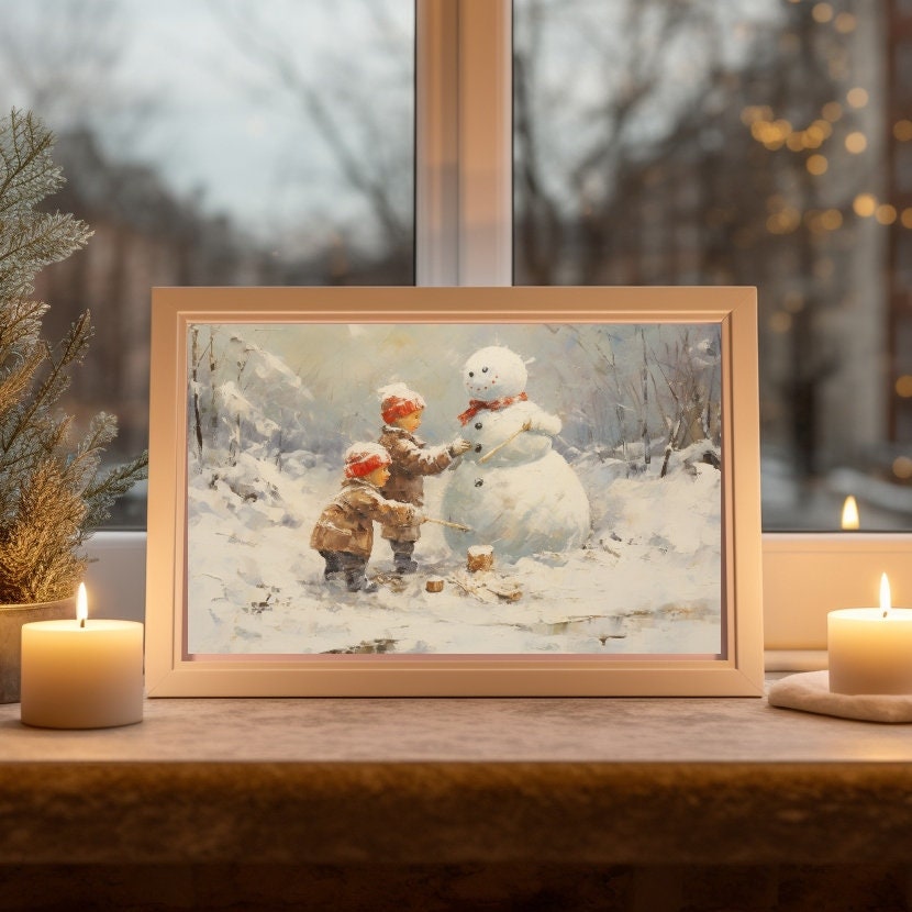 Vintage Children Building Snowman, Kids Building Snowman Winter Digital ...
