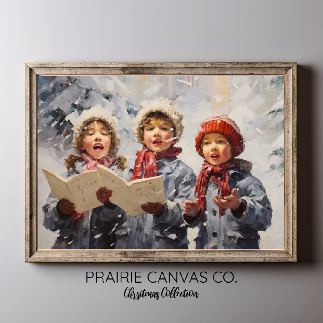 Children Caroling, Vintage Christmas Painting Children Winter Print ...