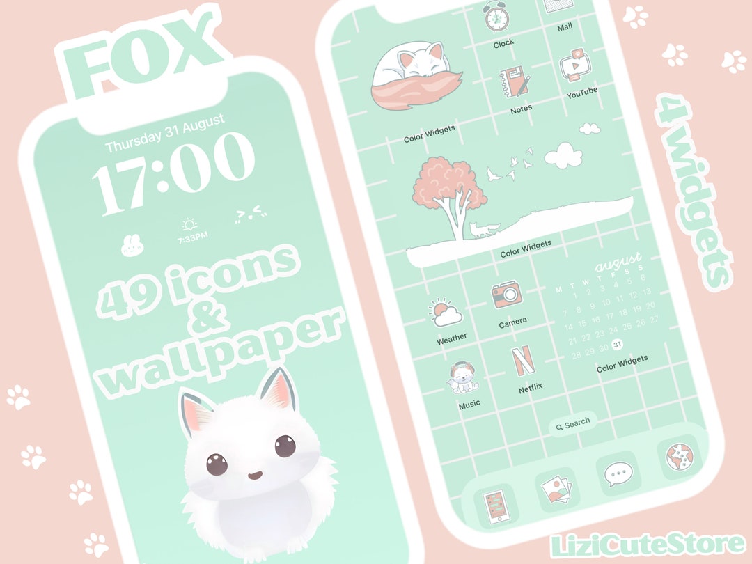 White Cute Fox Theme Set With Icons Ios Android Hand Drawn - Etsy