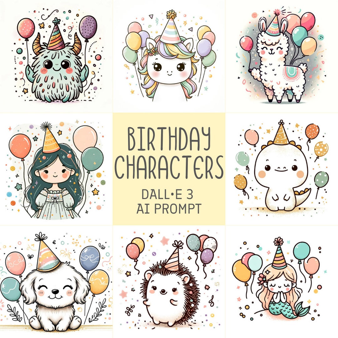 Birthday Characters DALLE 3 Prompt Party, Animals, Princess, Monster ...