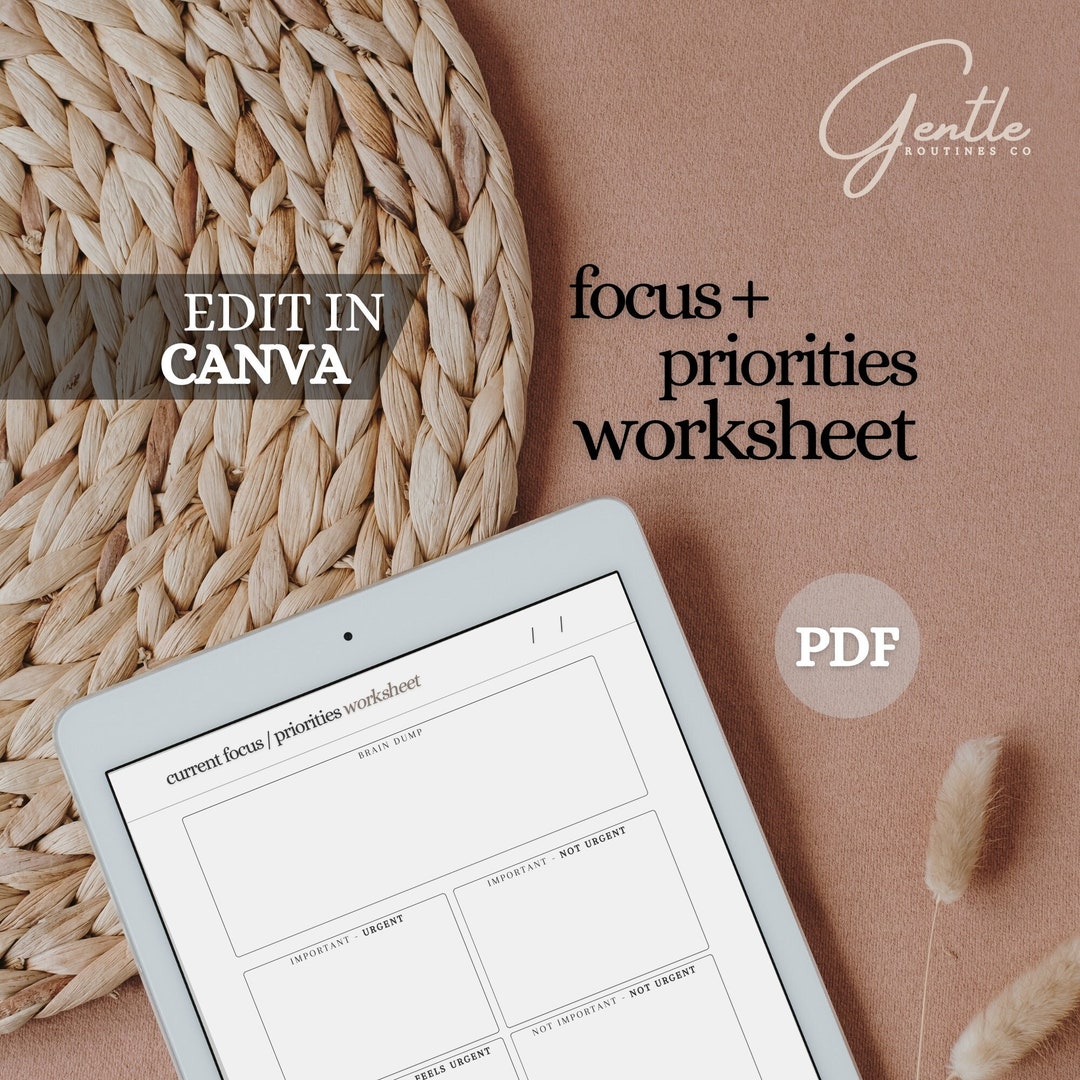 Priority & Focus Worksheet Printable PDF Canva Template Digital Anxiety ...