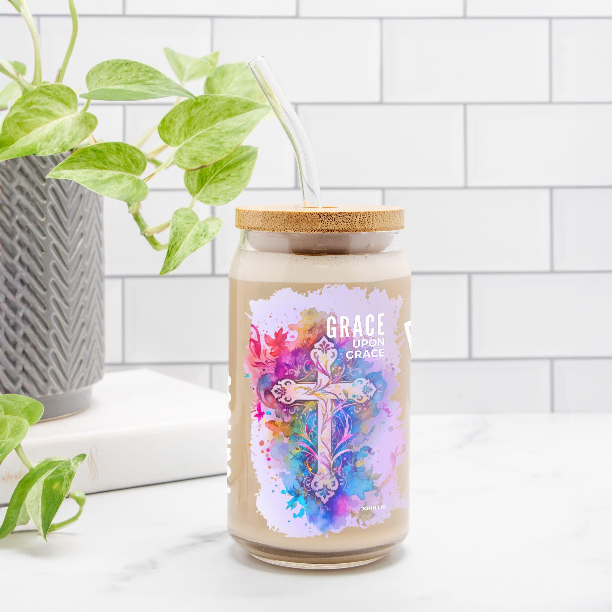 Grace Upon Grace Bible Verse Glass, Can Shaped 16oz, Christian Modern ...