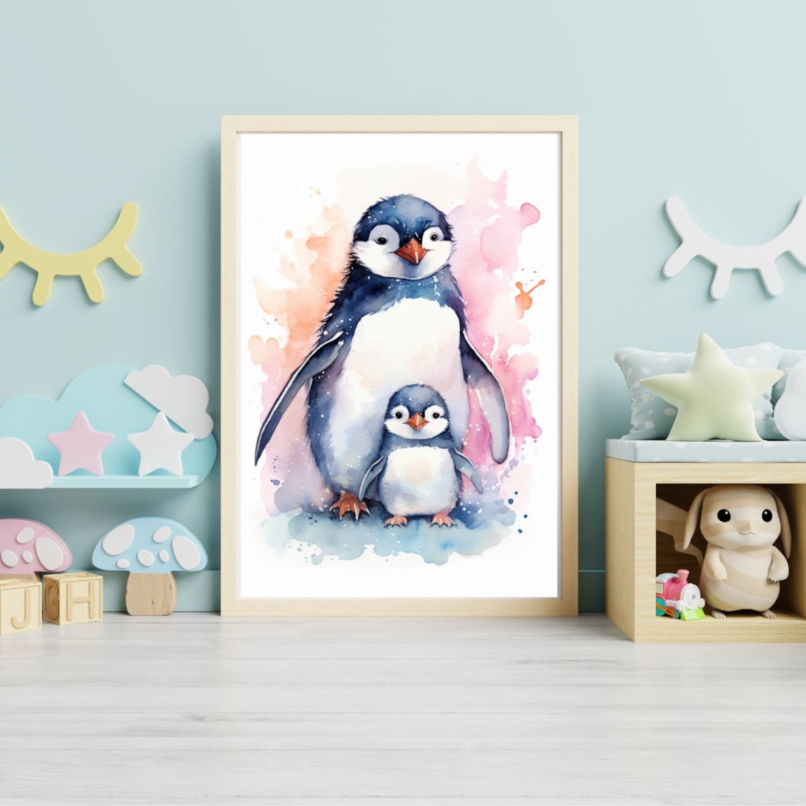 Nursery Mama Penguin and Baby Cartoon Watercolor Wall Art. Digital ...
