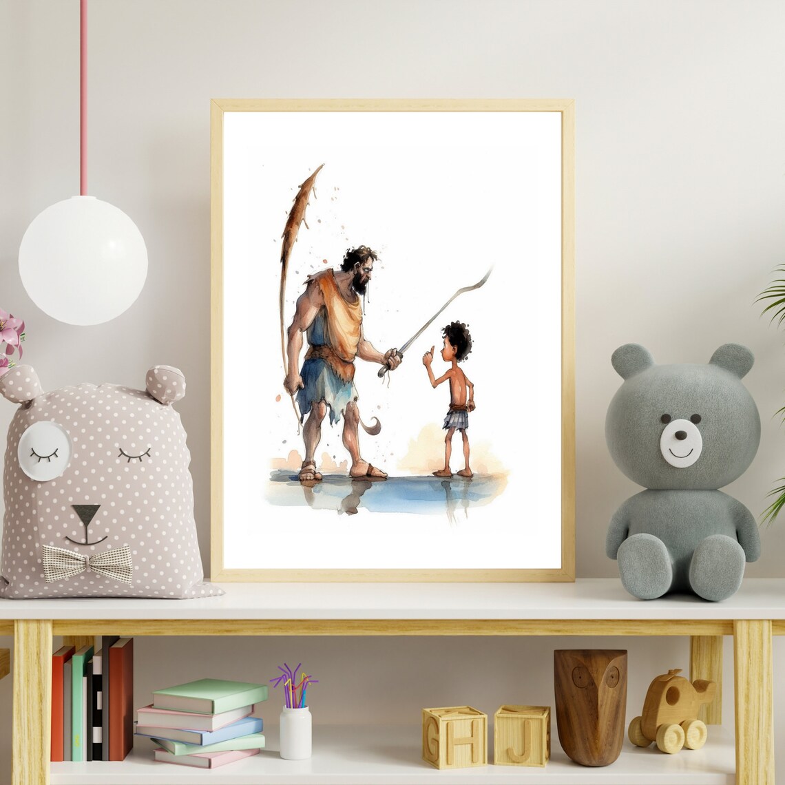 David and Goliath Bible Story Watercolor Cartoon Digital Wall Art ...