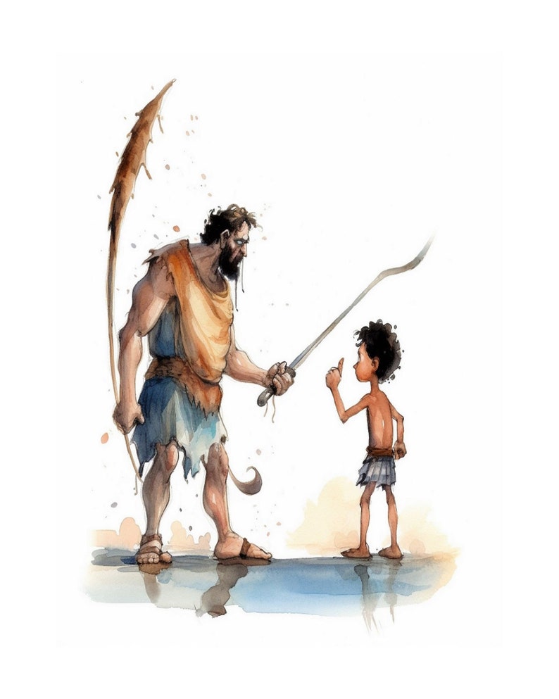 David and Goliath Bible Story Watercolor Cartoon Downloadable - Etsy