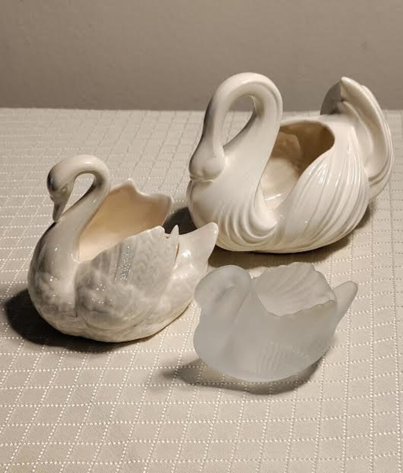 Unique Marriage of Three Swans, Two Ceramic and One is Frosted Glass - Etsy