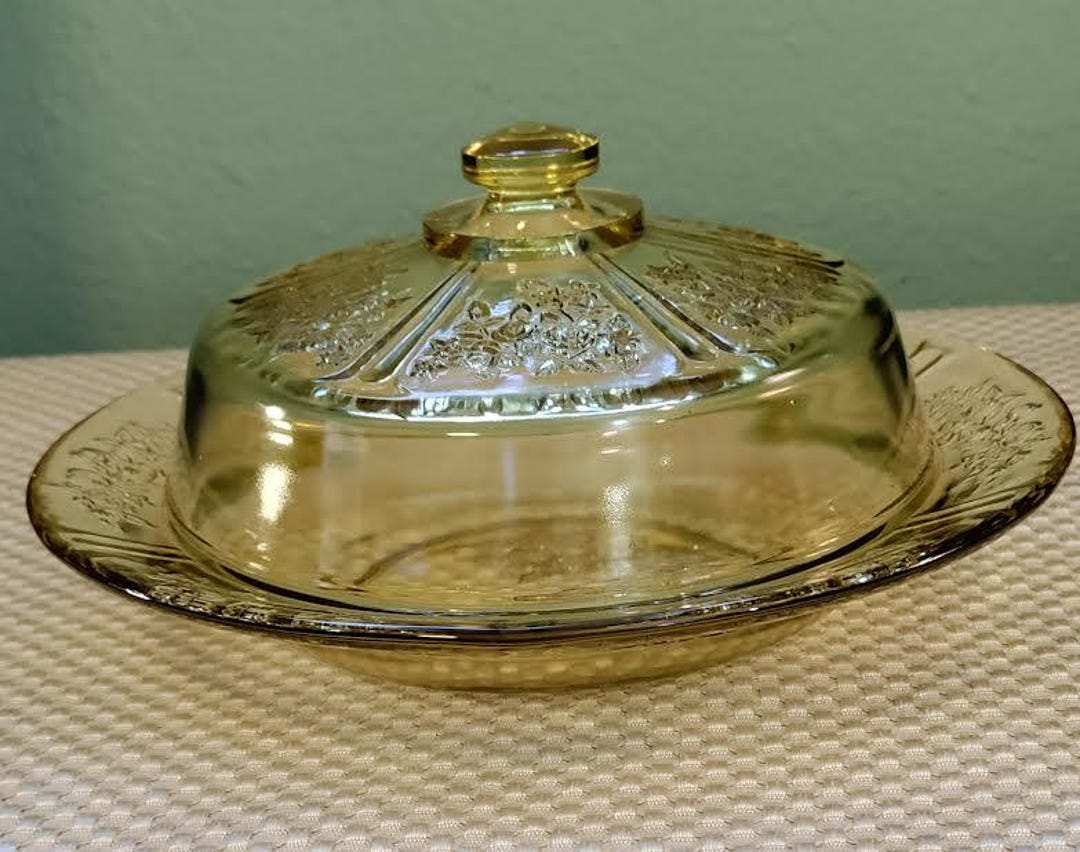 Federal Glass Round Butter Dish With Lid in Sharon Amber Cabbage Rose ...