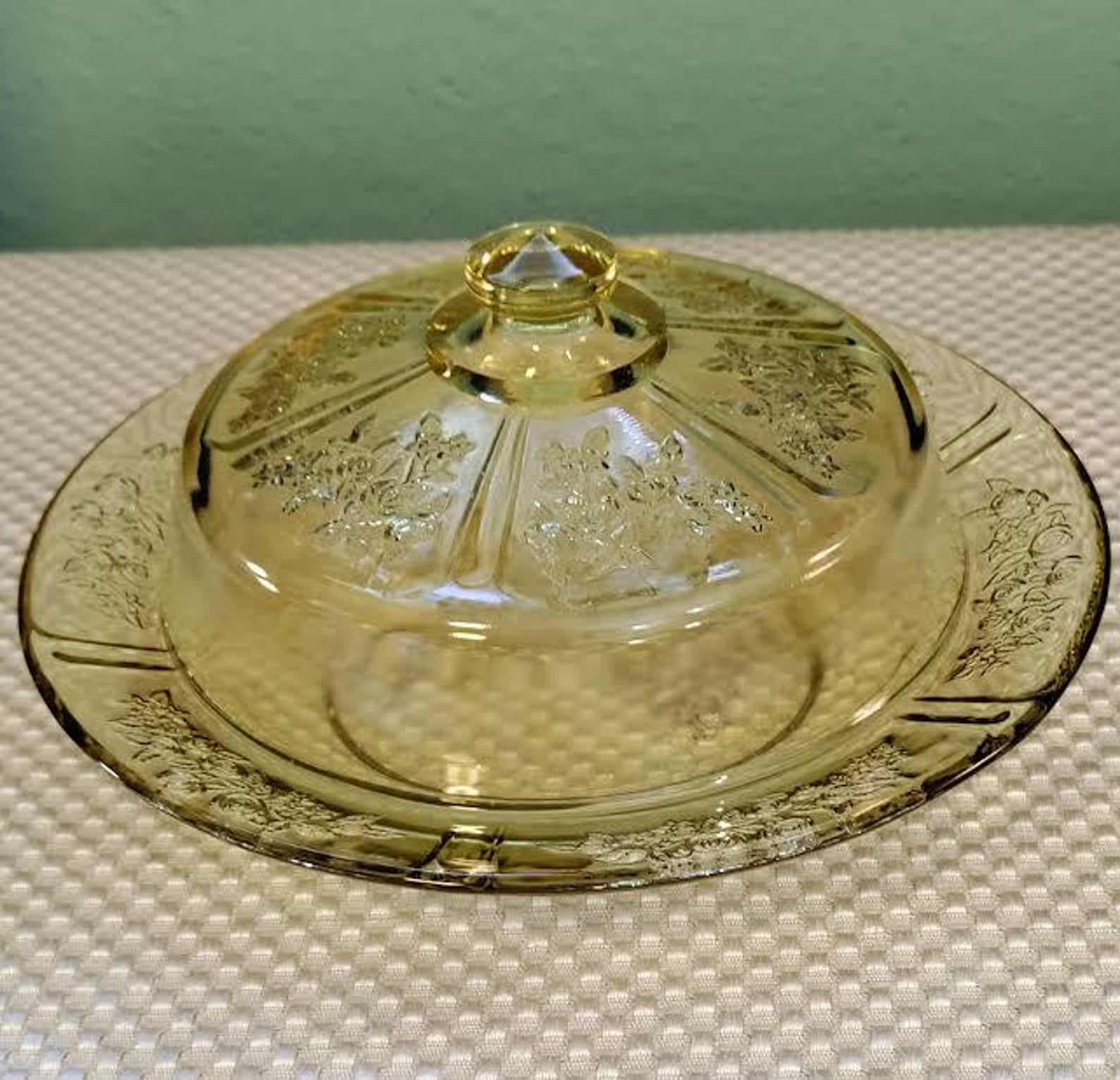 Federal Glass Round Butter Dish With Lid in Sharon Amber Cabbage Rose ...