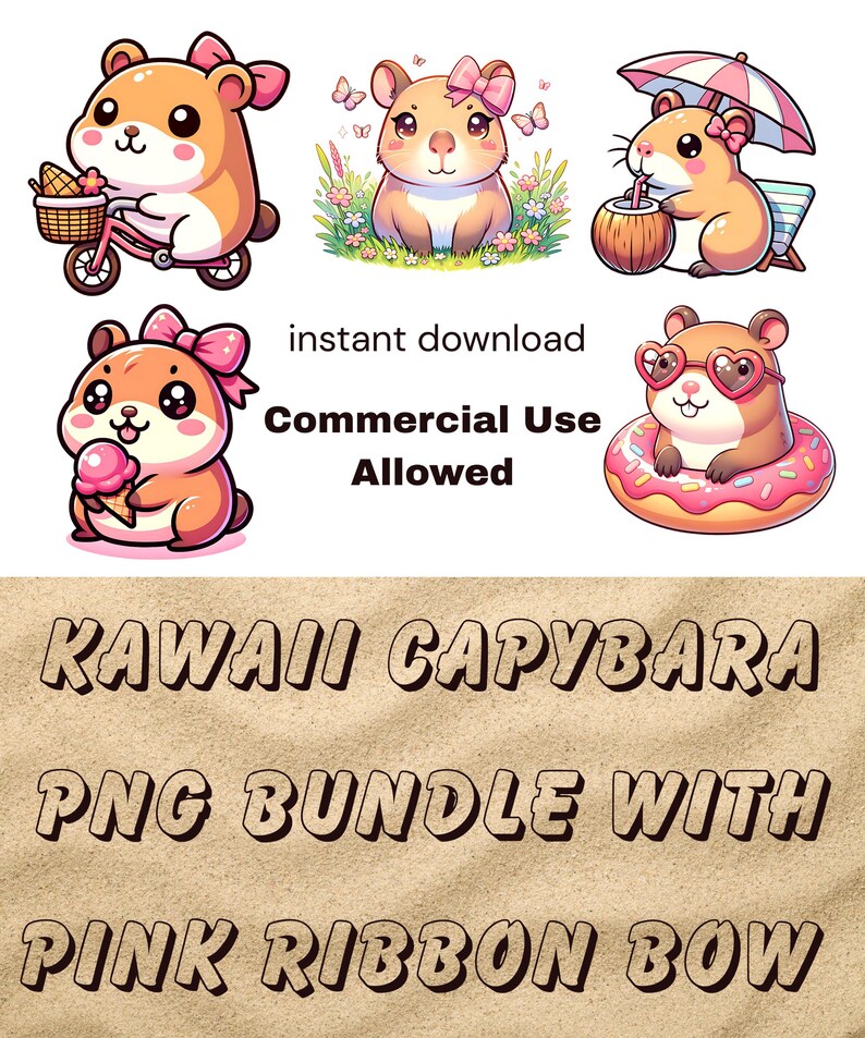 20 Cute Summer Capybara Clipart Kawaii Capybara PNG Bundle With Pink ...