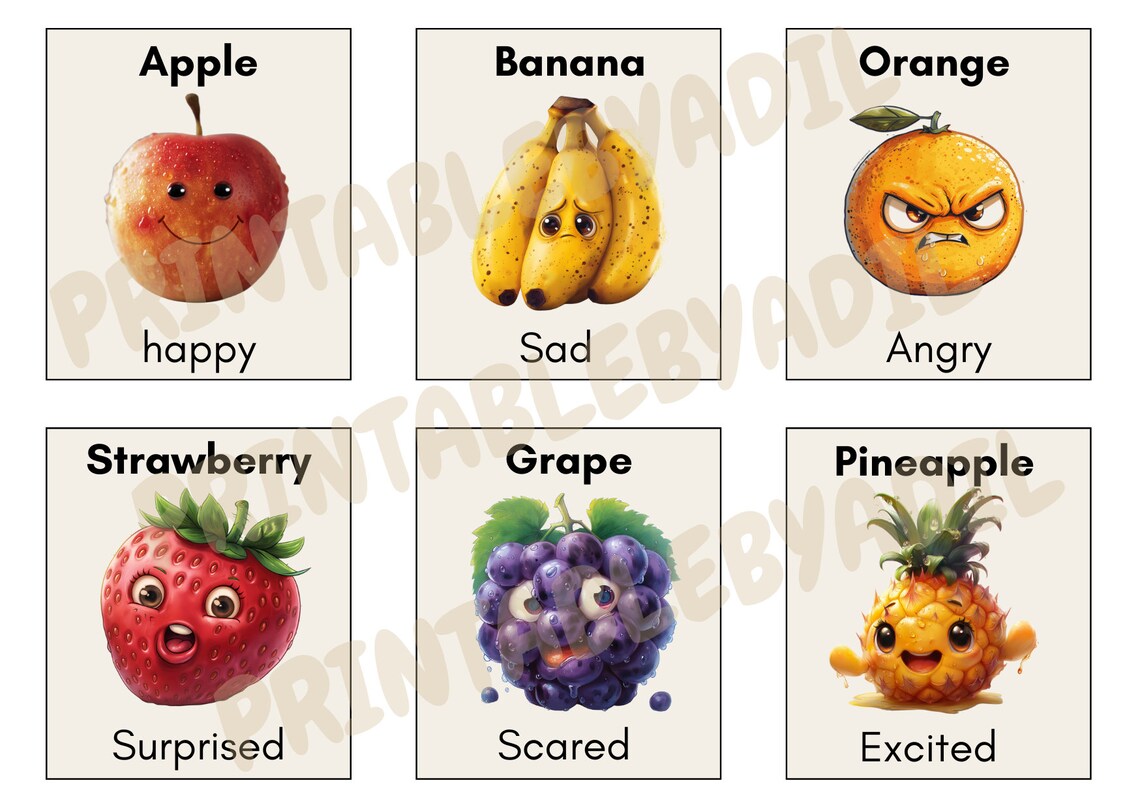 24 Printable Fruit Flashcards for Kids, Fruits & Funny Realistic ...