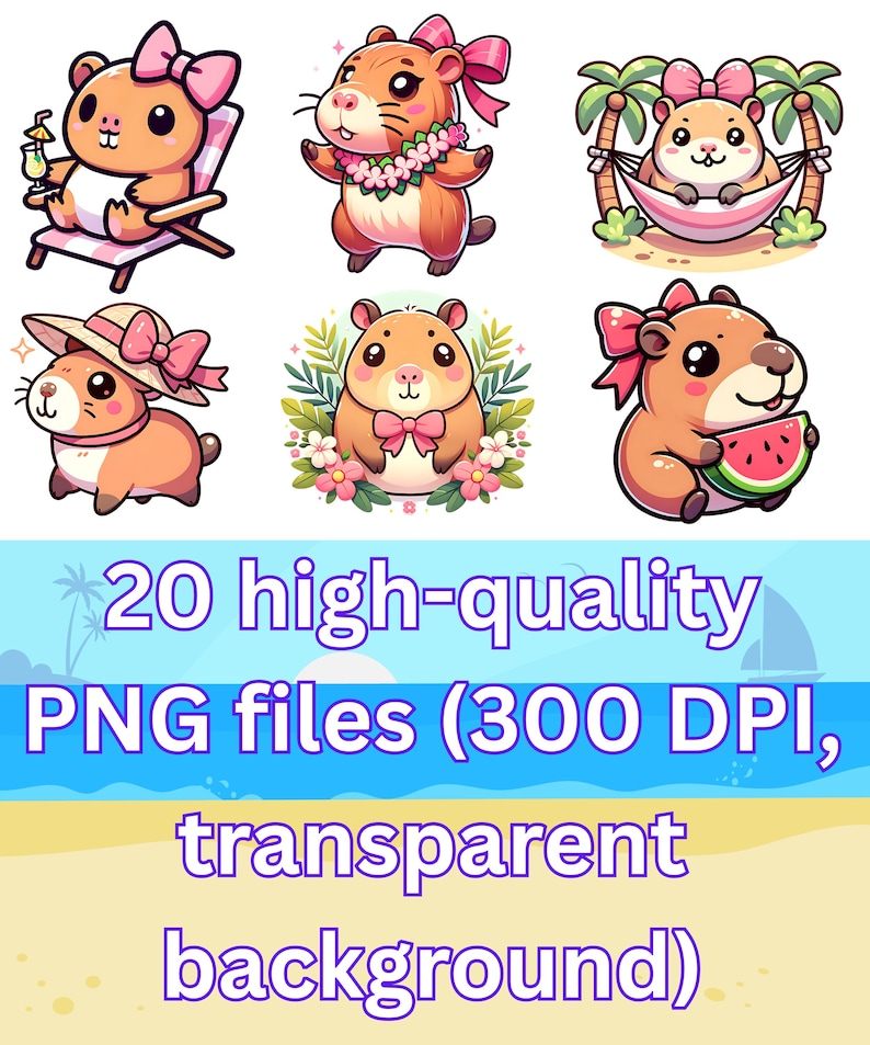20 Cute Summer Capybara Clipart Kawaii Capybara PNG Bundle With Pink ...