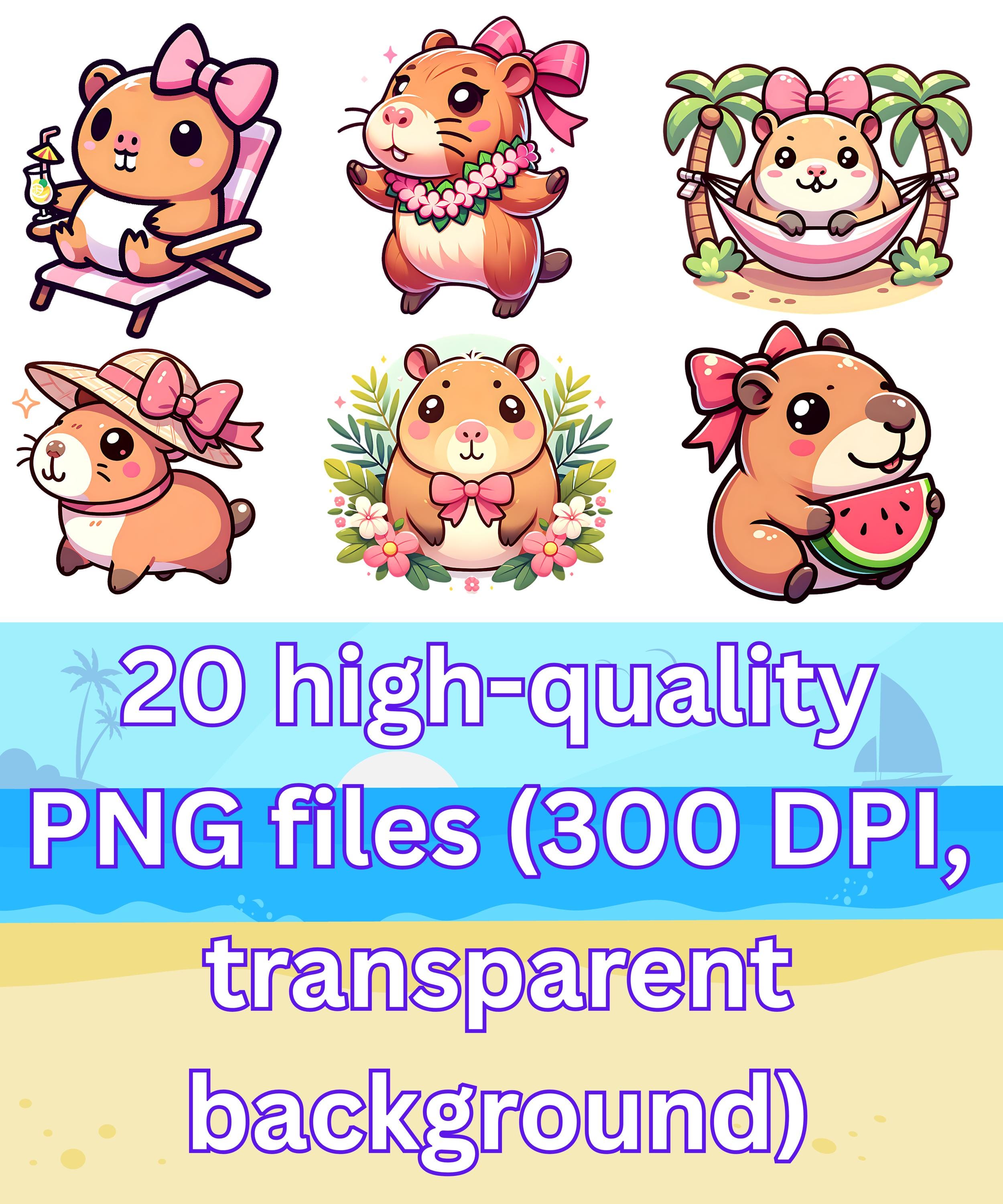 20 Summer Capybara Clipart Kawaii Capybara PNG Bundle With Pink Ribbon ...