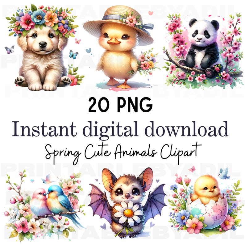 Clipart de animales lindos de primavera, 20 PNG, paquete de acuarela ...