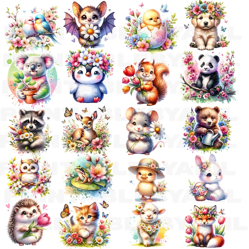 Spring Cute Animals Clipart 20 PNG Watercolor Bundle Instant Download ...