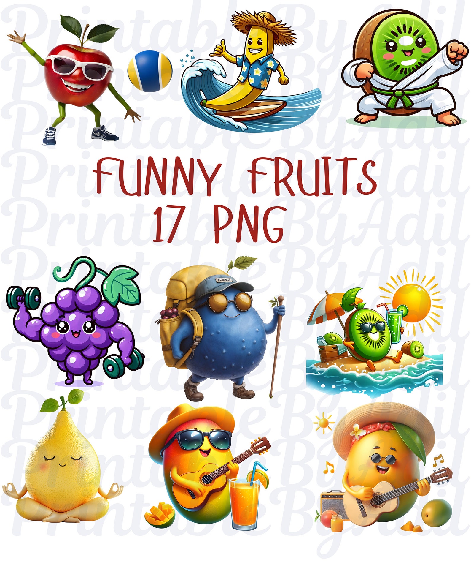Funny Fruit Clipart Bundle 17 PNG Summer Fruit Characters Cute and ...