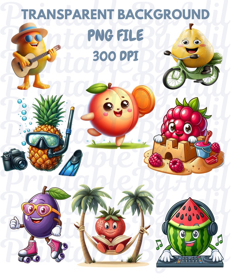 Funny Fruit Clipart Bundle 17 PNG Summer Fruit Characters Cute and ...