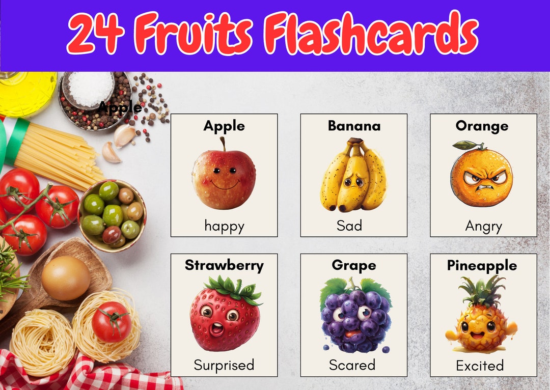 24 Printable Fruit Flashcards for Kids, Fruits & Funny Realistic ...
