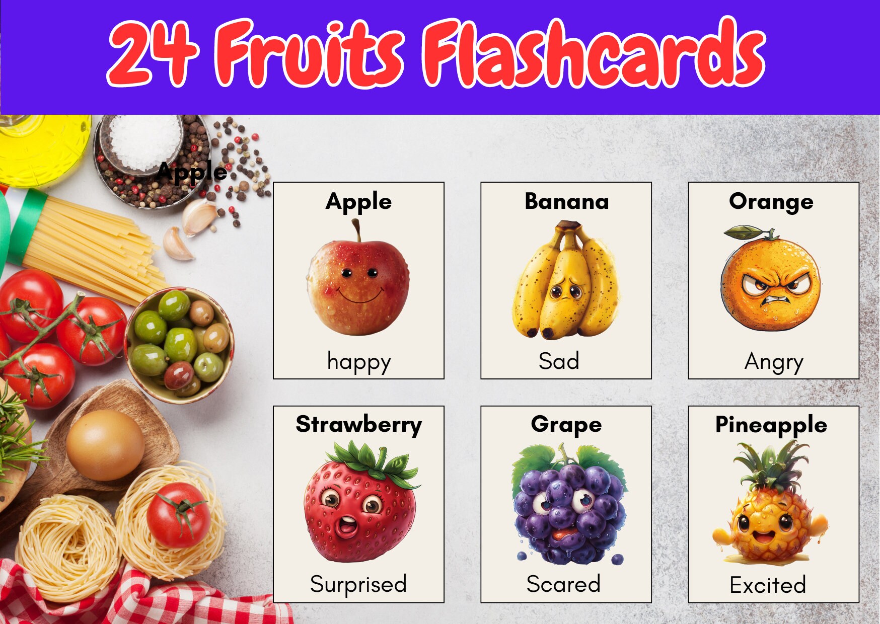 24 Printable Fruit Flashcards for Kids, Fruits & Funny Realistic ...