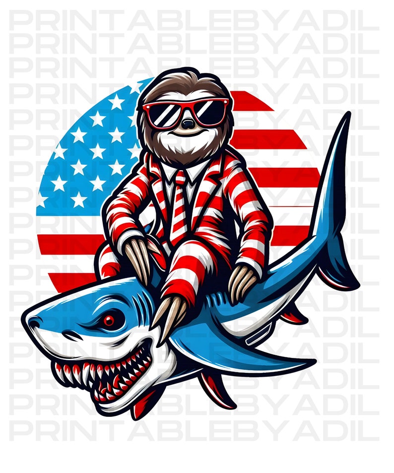 Funny Sloth Riding Shark American Flag USA 4th of July, Patriotic Sloth ...