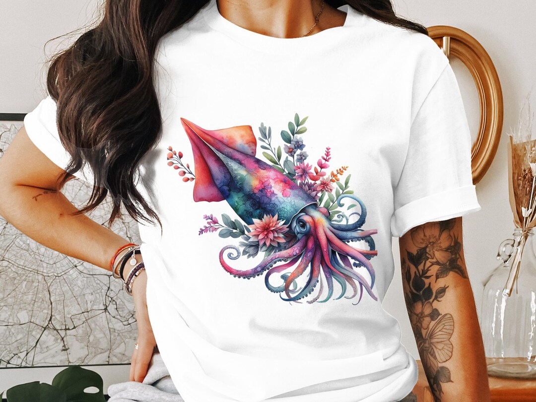 Floral Squid Digital Download Png, Watercolor Octopus Art, Ocean Creature Clipart, Sublimation ...
