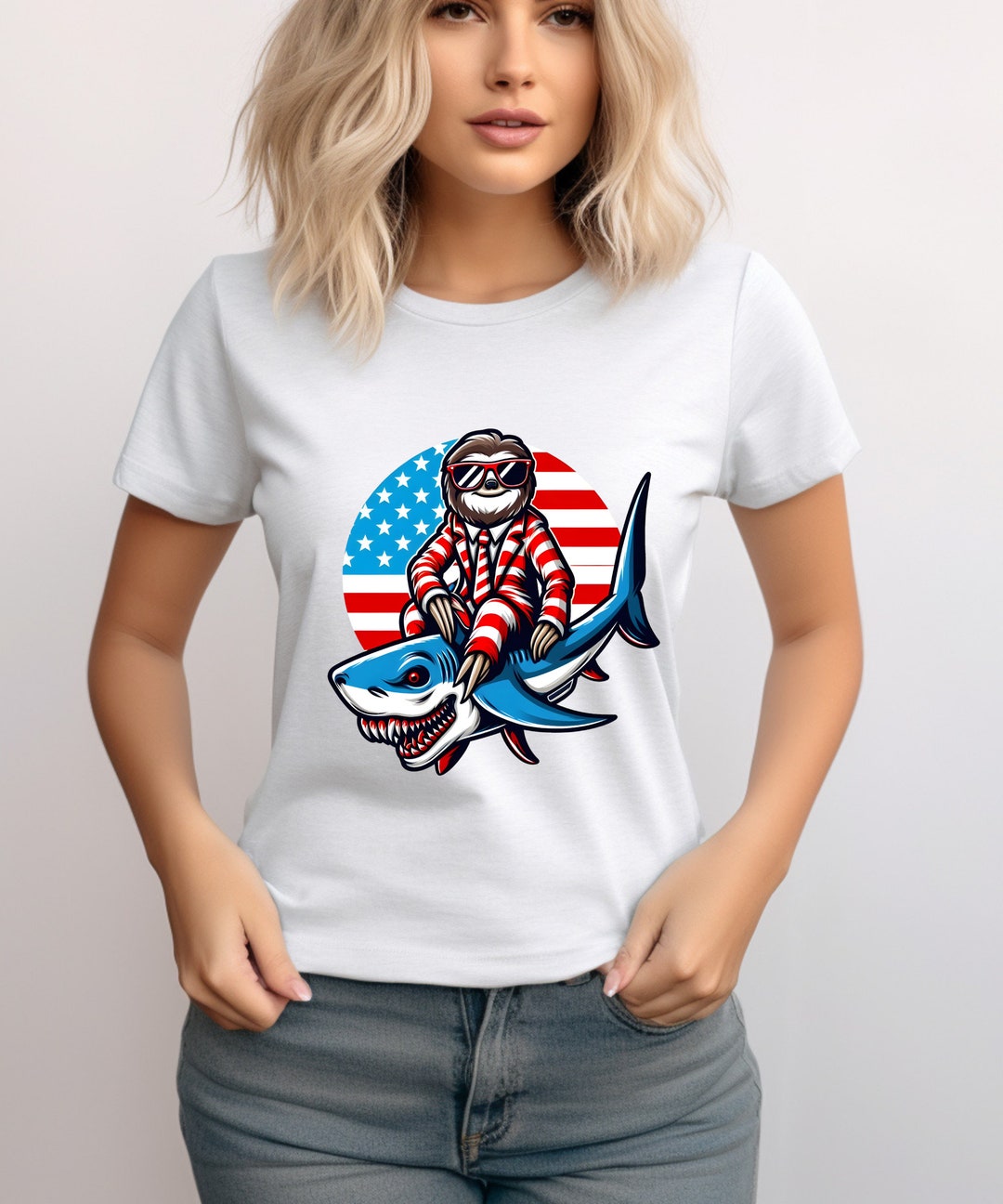 Funny Sloth Riding Shark American Flag USA 4th of July, Patriotic Sloth ...