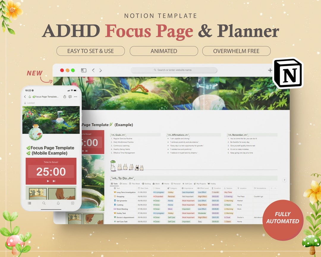 ADHD Notion Template Planner & Focus Page With Timer | to Do List ...