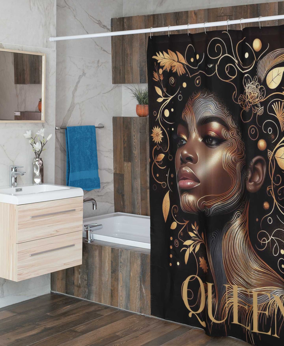 Bronzed Queen Shower Curtain: African American Woman, Golden AI Art - Etsy