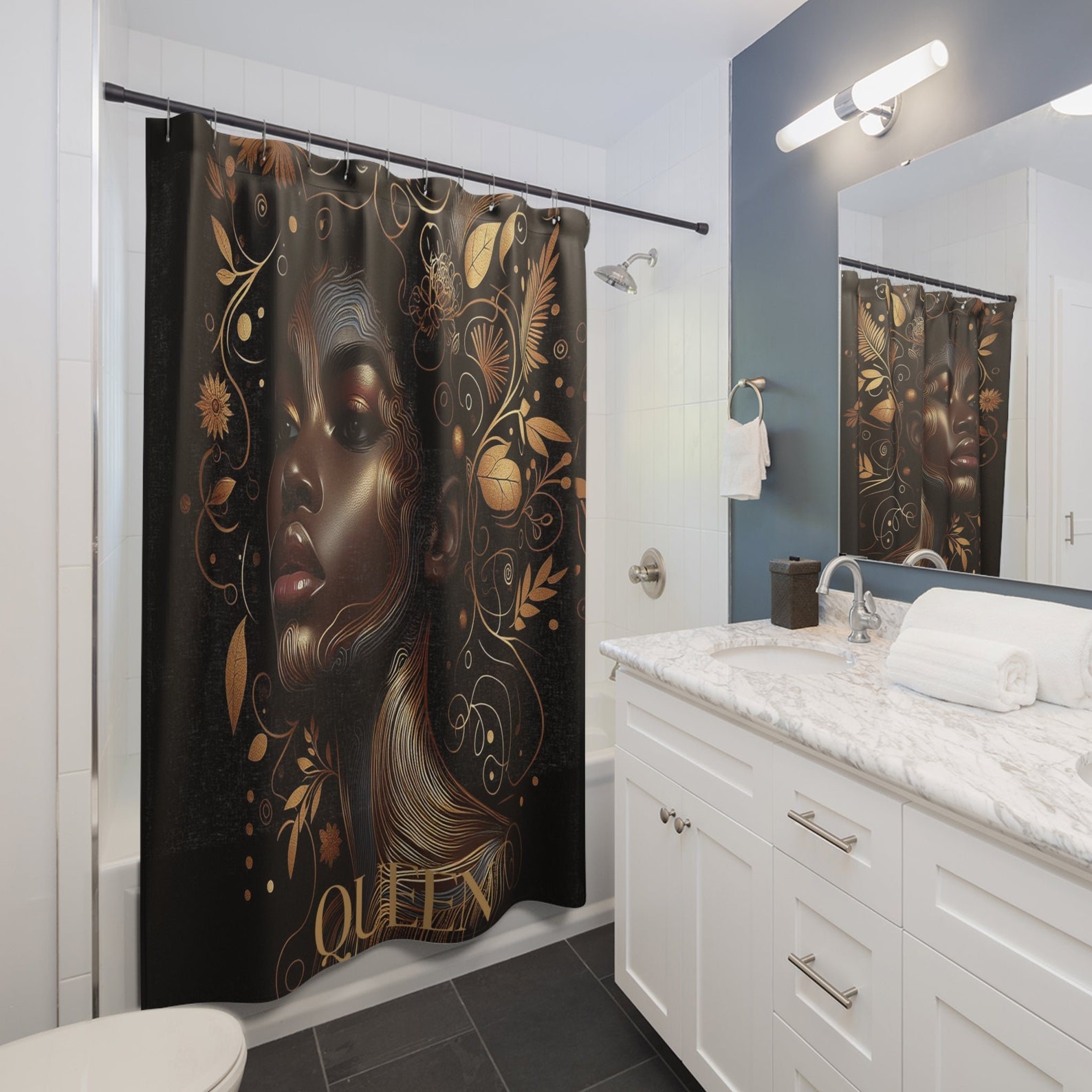 Bronzed Queen Shower Curtain: African American Woman, Golden AI Art - Etsy