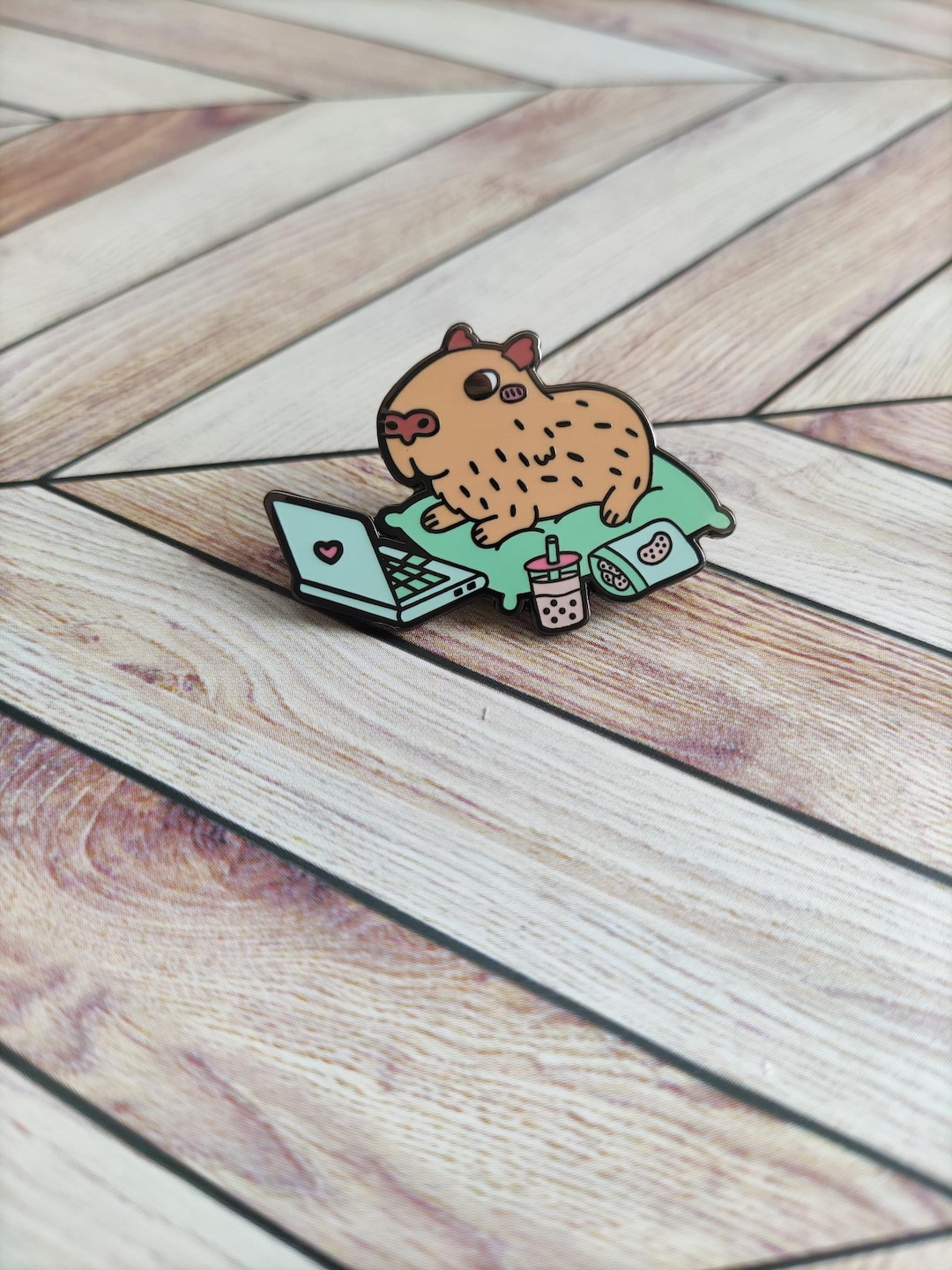 Capybara Pin, Kawaii Enamel Pin, Capybara With Snacks, Boba, and Laptop ...