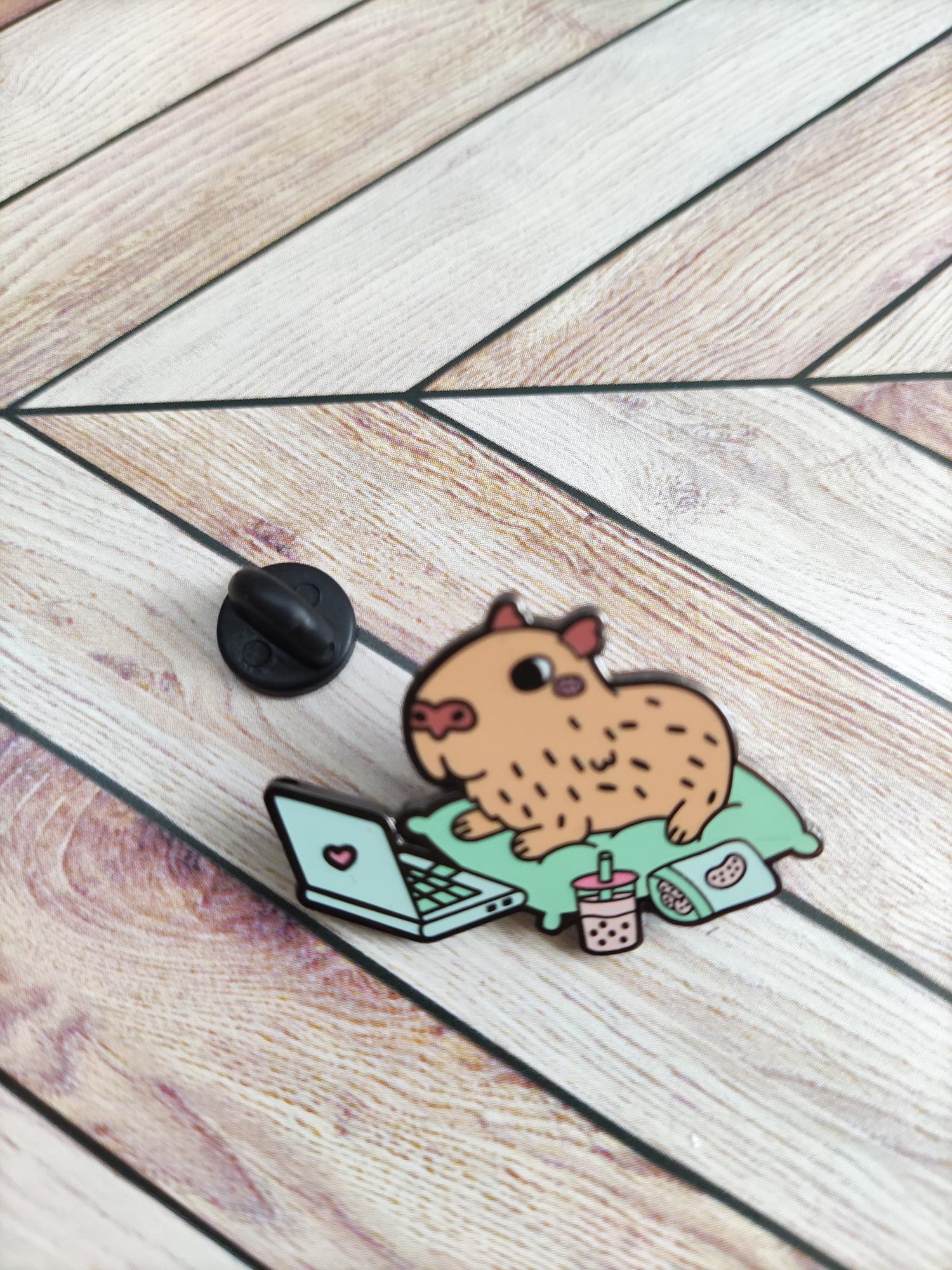 Capybara Pin, Kawaii Enamel Pin, Capybara With Snacks, Boba, and Laptop ...