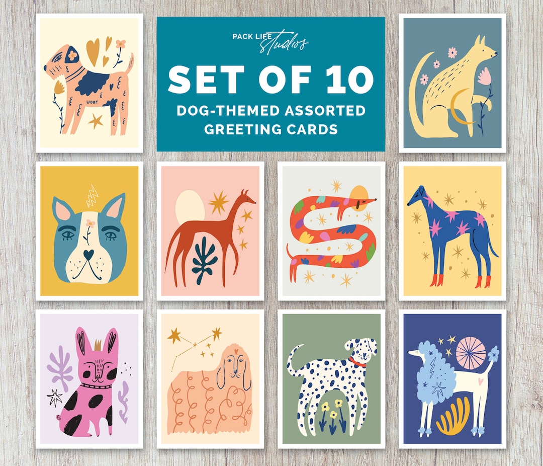 Colorful Dog Themed Greeting Cards | Set of 10 Cards and Envelopes ...