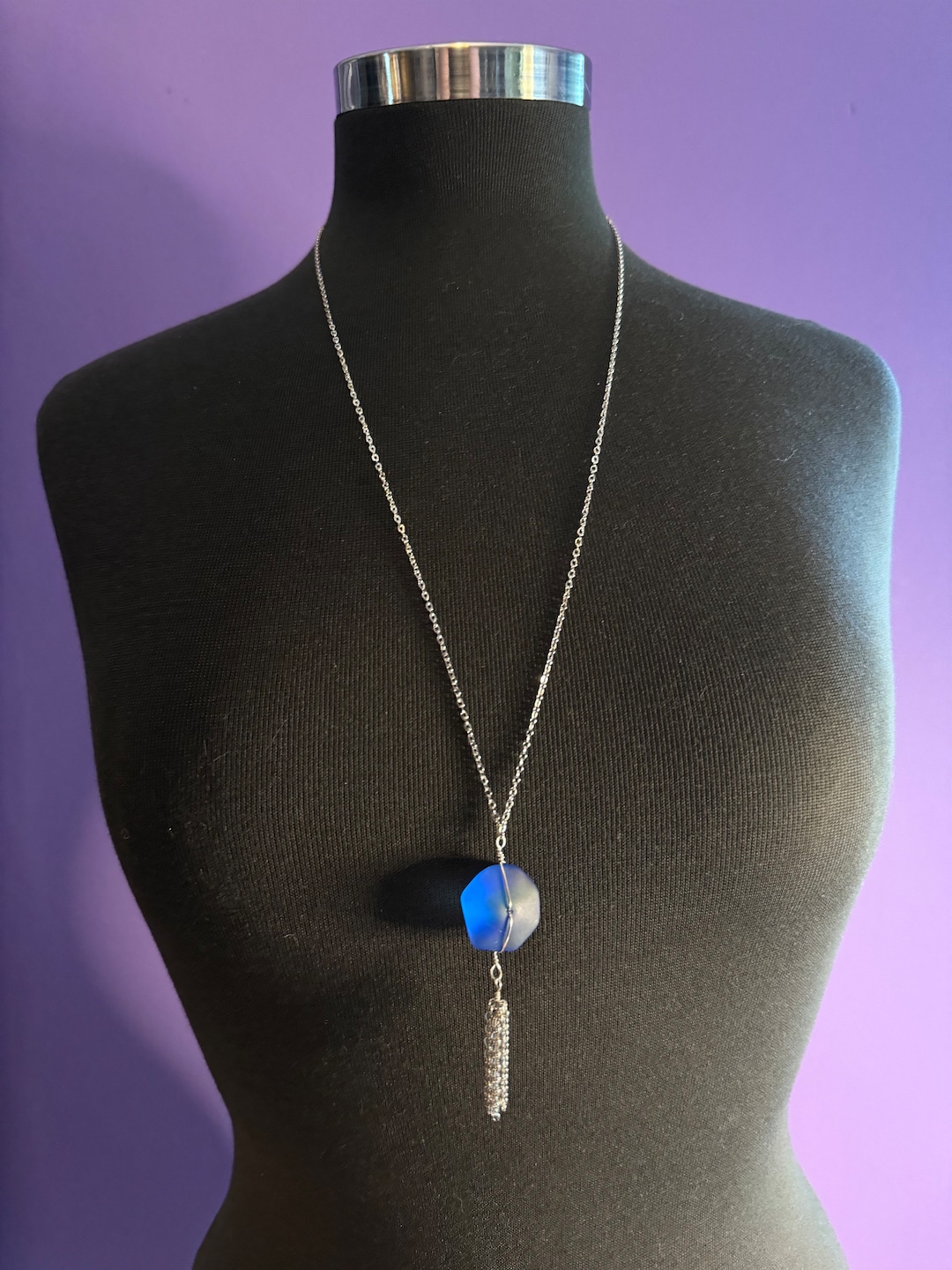 Uranium Glass and Stainless Steel Hexagon Pendant Necklace With Tassel ...