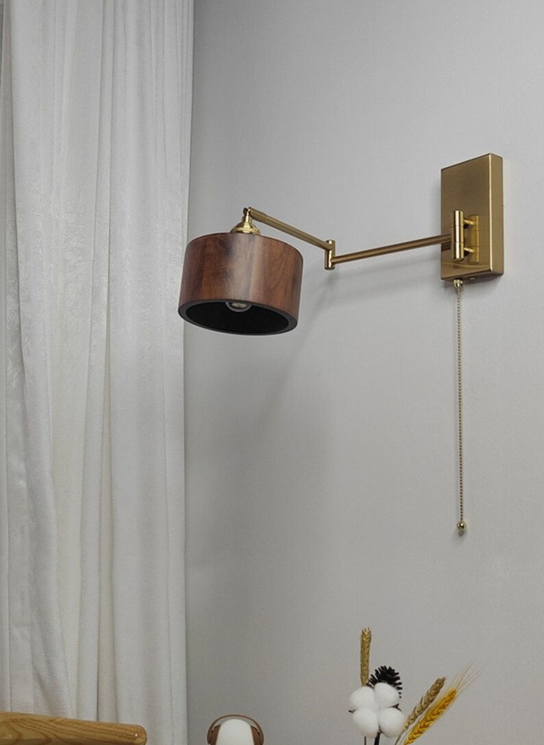 Swing Arm Wall Lamp/ Rustic Walnut Wood Wall Lamp/ Handmade Sconce ...
