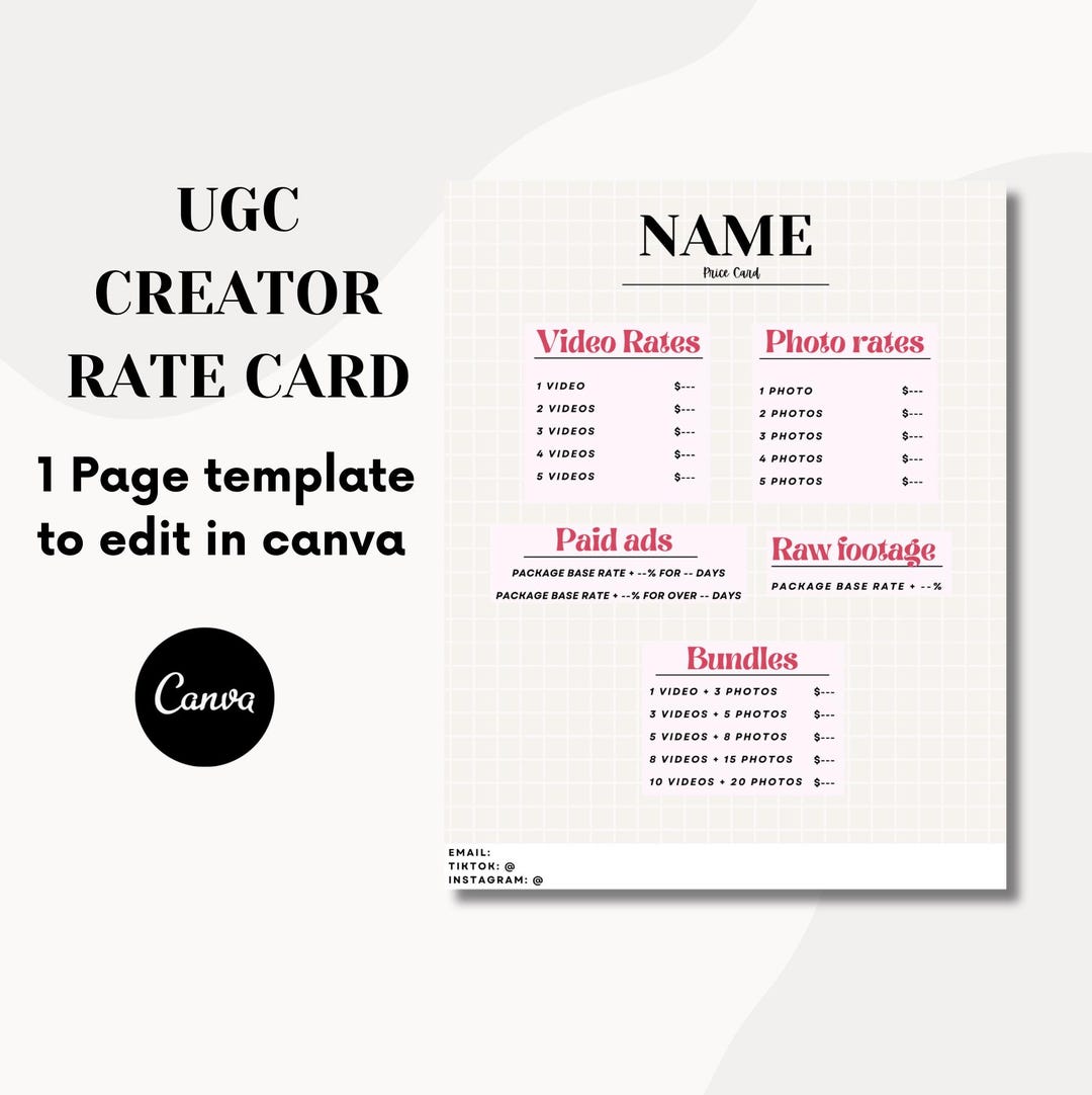 UGC Creator Rate Card Template, Editable UGC Rate Card Canva Template ...