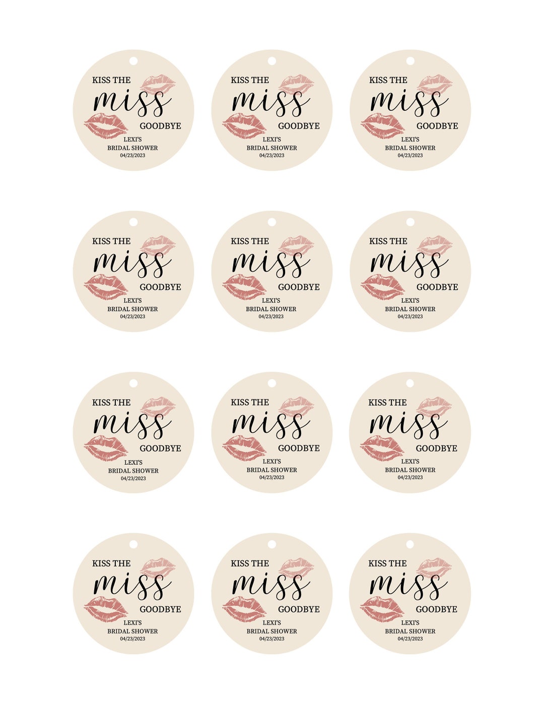Kiss the Miss Goodbye Tag, Printable Labels for Bridal Shower Favors ...