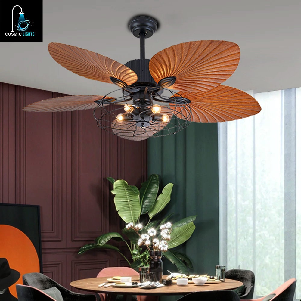 52 Ceiling Fan With Wooden Palm Retractable Blades Chandelier Modern ...