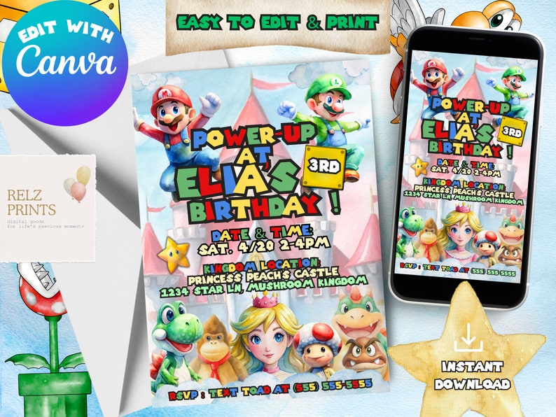 Super Mario Watercolor Digital Birthday Invitation Template Editable ...