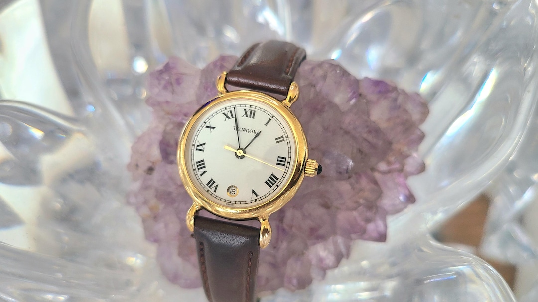 Vintage Tourneau 7 Jewel Swiss Quartz Date Brown Leather Band Watch ...