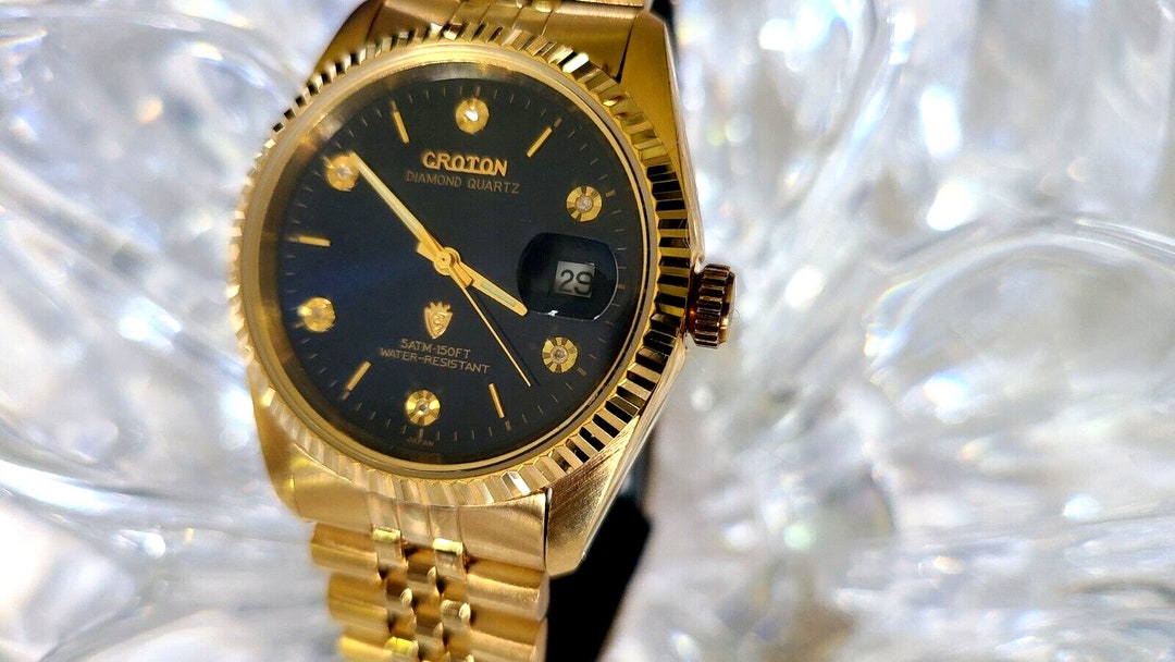 Croton Mens Diamond 23k Gold Plated Quartz Stainless Steel Watch - Etsy