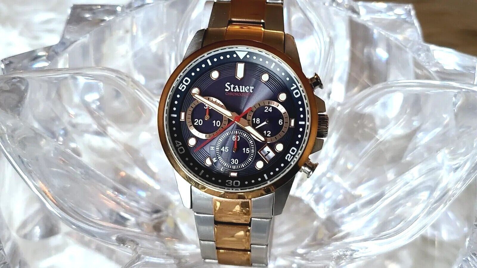 STAUER Solar Chronograph Two-tone Gold Blue Dial Men's Watch - Etsy