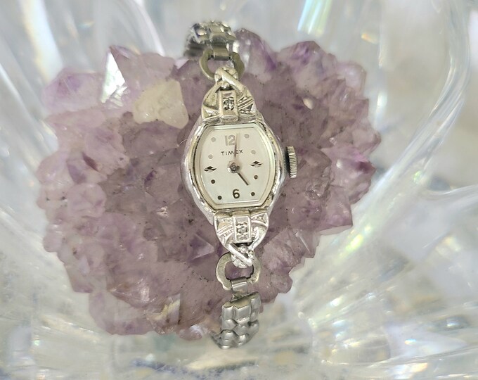 TIMEX Watch Vintage 60’s Rhodium Plate Diamond Accent Women's Hand Wind ...