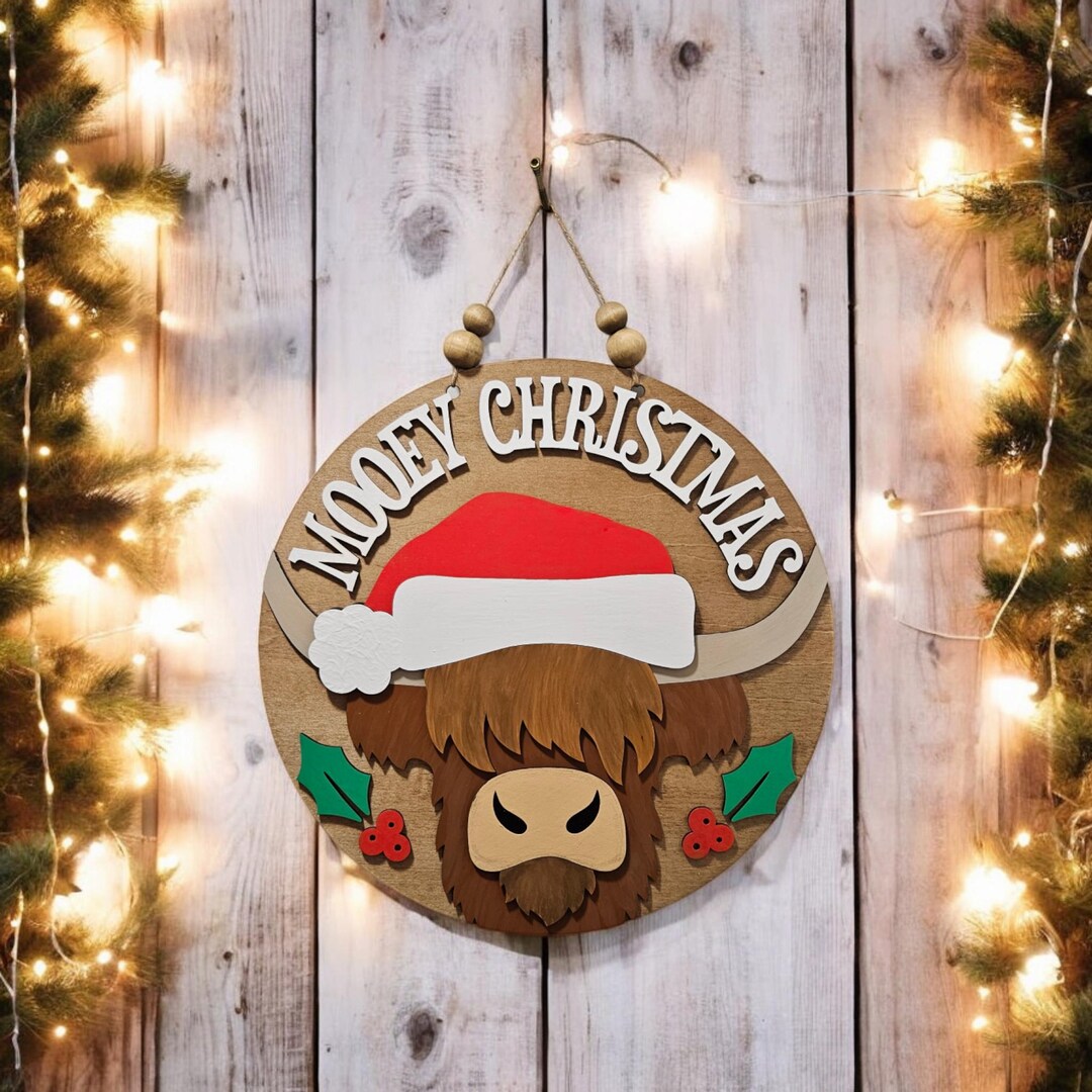 Mooey Christmas - Highland Cow - Wooden Door Hanger - Etsy