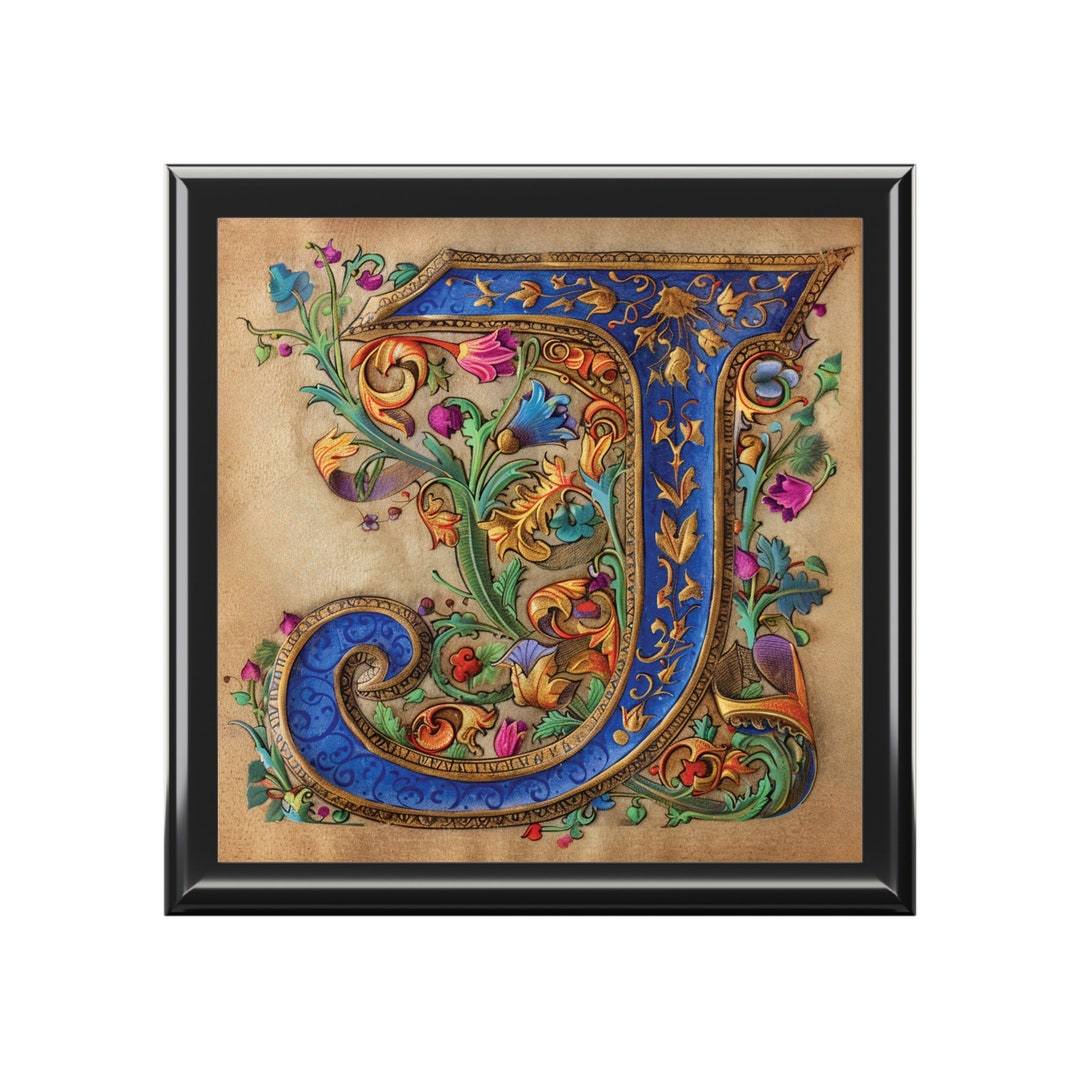 Medieval J Keepsake Box Wood & Ceramic Tile Top Initial, Monogram ...
