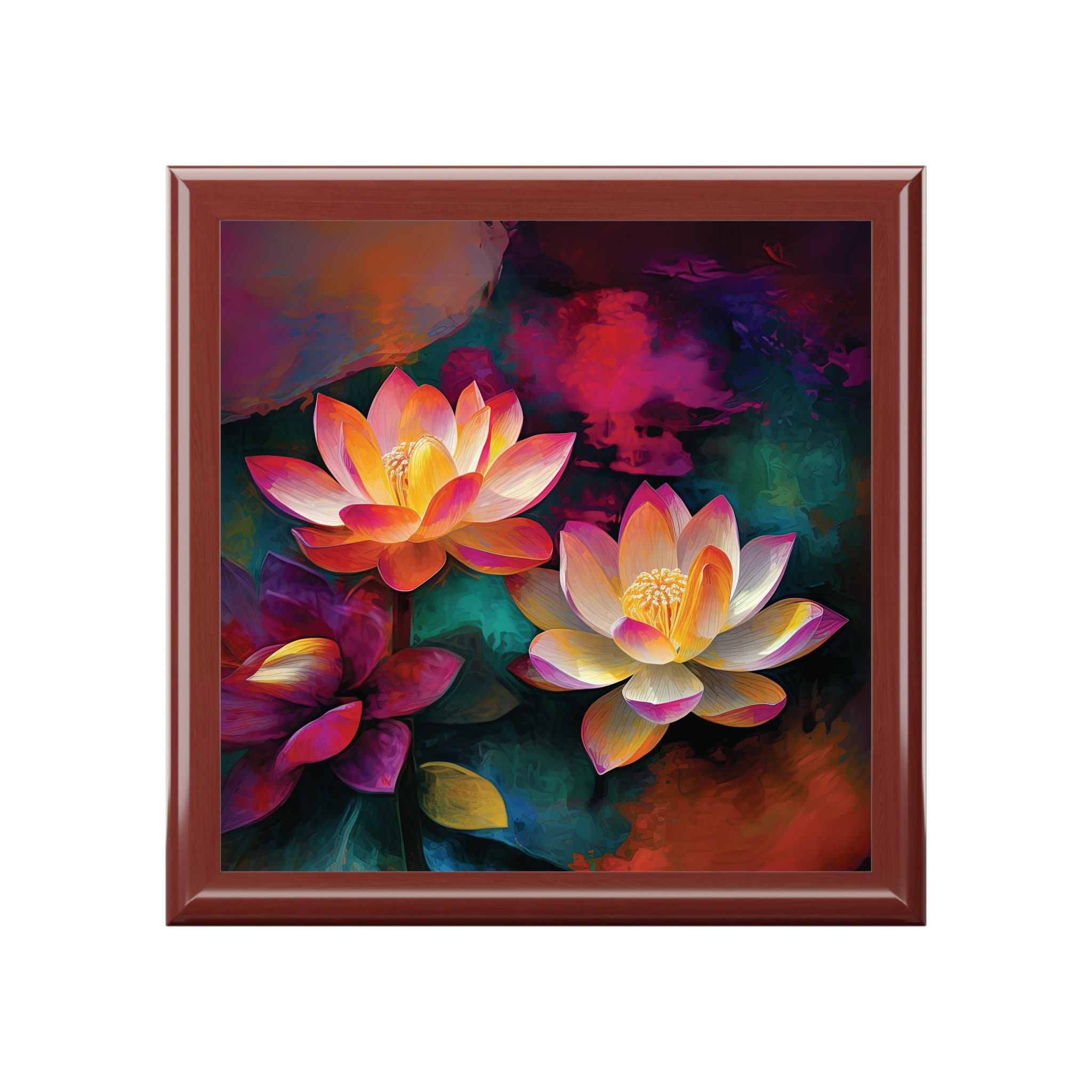 Luscious Lotus Jewelry Box, Keepsake Box Wood & Ceramic Tile Top Deep ...