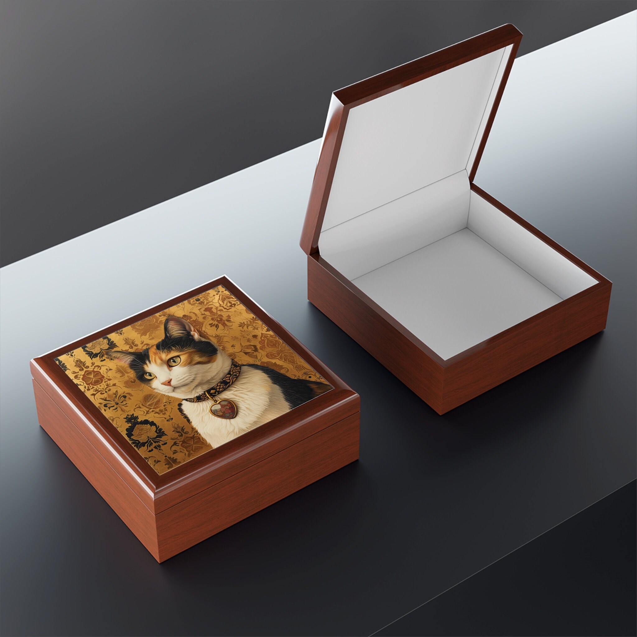 Calico Cat Keepsake Box - Wood & Ceramic Tile Top - Cat on Gold Damask ...
